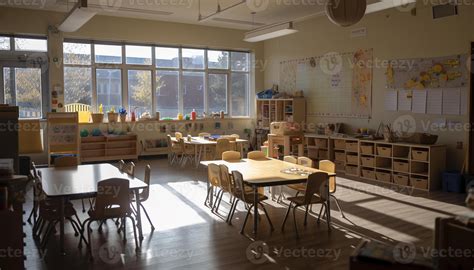 Wooden Modern Classroom Furniture Fills The Empty Space Generated By Ai