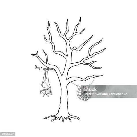 Arbre Avec Une Chauvesouris Et Une Toile Dessin De Contour Illustration