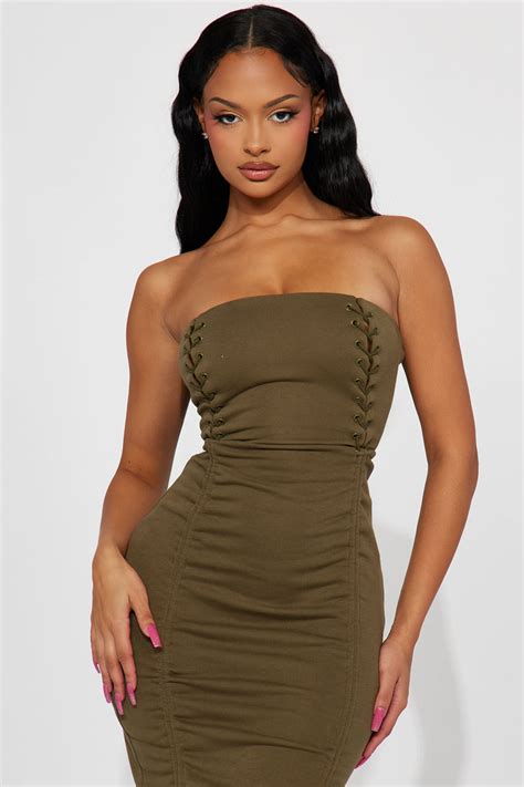 Gabriella Strapless Midi Dress Olive Fashion Nova Dresses