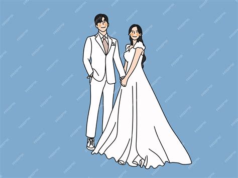 웨딩 드레스 만화 캐릭터의 벡터 귀여운 신부 및 신랑 커플 프리미엄 벡터