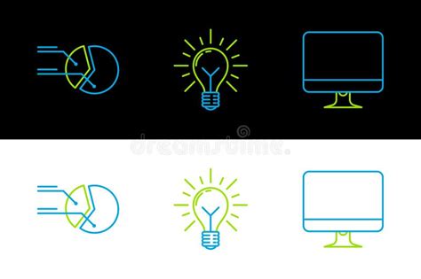 Set Line Computer Monitor Screen Pie Chart Infographic And Light Bulb With Rays Shine And