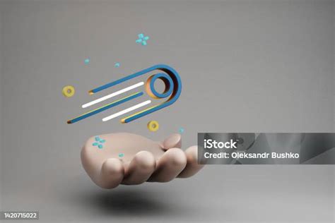아름다운 추상적 인 삽화 회색 배경에 황금 손 홀딩 혜성 기호 아이콘 3d 렌더링 그림 우주 탐사 3차원 형태에 대한 스톡 사진 및 기타 이미지 Istock