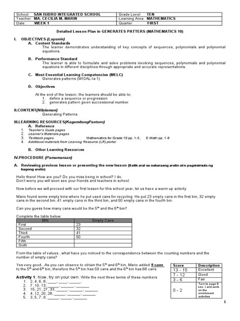 Dlp G10 Math 1st Qtr Week 1 Final Pdf Mathematics Sequence