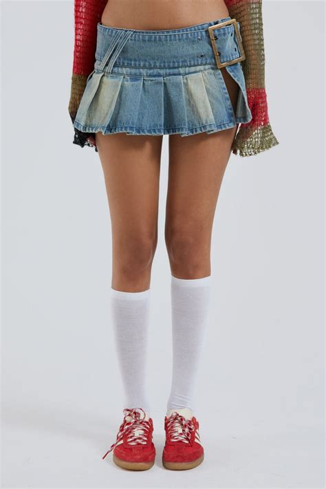 Blue Pleated Denim Mini Skirt With Belt Detail Jaded London