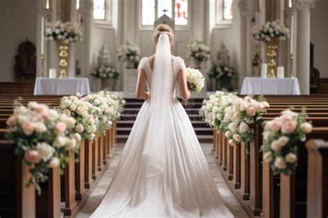 A Bride Standing Alone At The Altar With Bouquet In A Church Stock