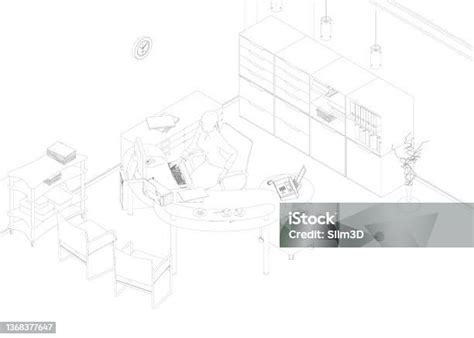 의자에 앉아 흰색 배경에 고립 된 검은 색 줄에서 컴퓨터에서 일하는 소녀와 사무실 윤곽 사무 장비 및 액세서리 등등 측정 보기 벡터 일러스트레이션 경영자에 대한 스톡 벡터