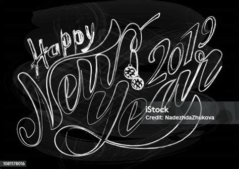 아름 다운 손으로 쓴된 텍스트 행복 새 해 2019입니다 벡터 일러스트 레이 션에 고립 된 엽서 라벨 포장 로고 장식 완구와 배경 질감 2019년에 대한 스톡 벡터 아트 및