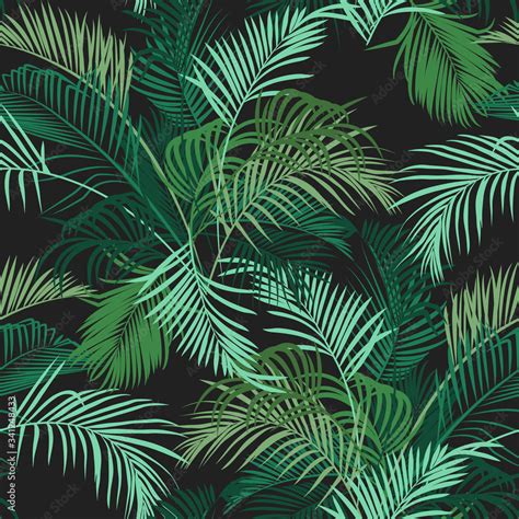 Seamless Pattern With Colorful Palm Leaves On A Black Background Rainforest Vector