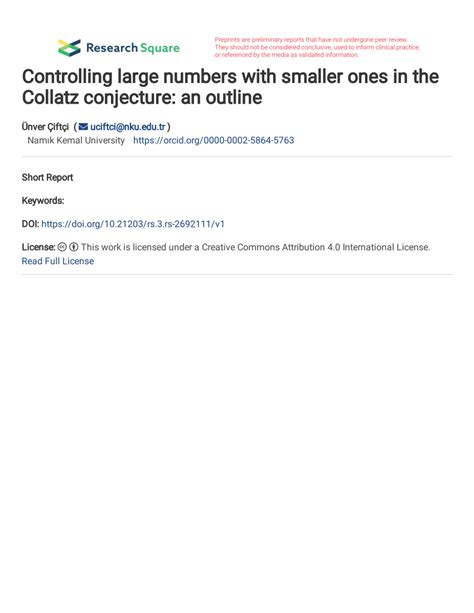 Pdf Controlling Large Numbers With Smaller Ones In The Collatz Conjecture An Outline