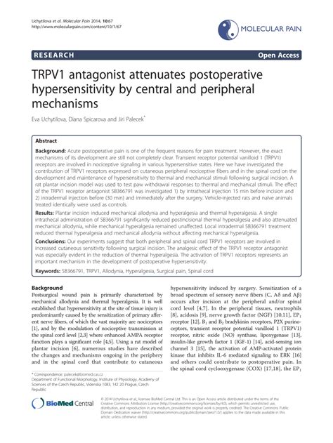 Pdf Trpv1 Antagonist Attenuates Postoperative Hypersensitivity By Central And Peripheral