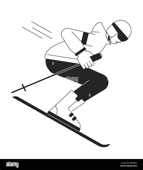 Male Skier With Poles On Skis Flat Line Black White Vector Character