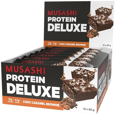 Musashi Protein Deluxe Bars 12 X 60g Choc Caramel Brownie Expiry 11