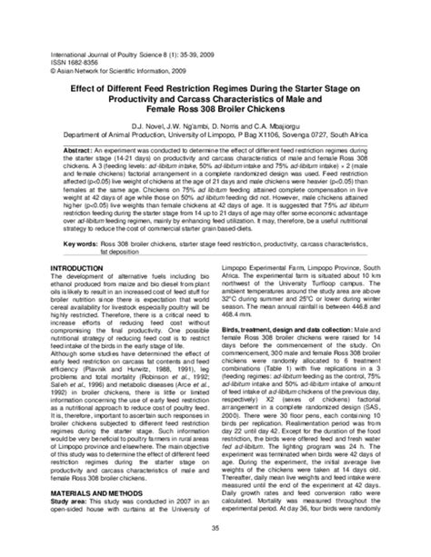 Pdf Effect Of Different Feed Restriction Regimes During The Starter Stage On Productivity And