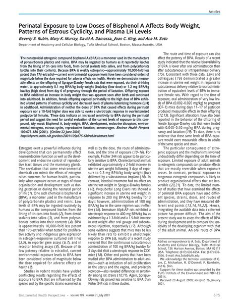 Pdf Perinatal Exposure To Low Doses Of Bisphenol A Affects Body