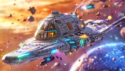 Futuristic Spaceship Navigating Asteroid Field In Deep Space Stock Illustration Illustration