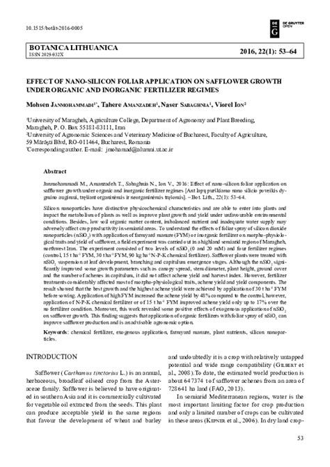 Pdf Effect Of Nano Silicon Foliar Application On Safflower Growth Under Organic And Inorganic