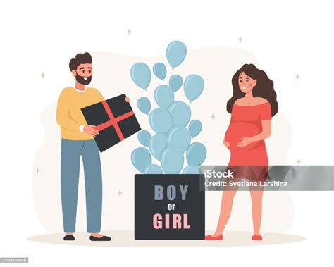 성별 공개 파티 소년입니다 비문이 새겨진 깜짝 선물 상자를 여는 커플 소년 또는 소녀 태아를 기다리는 가족 파란 풍선 베이비