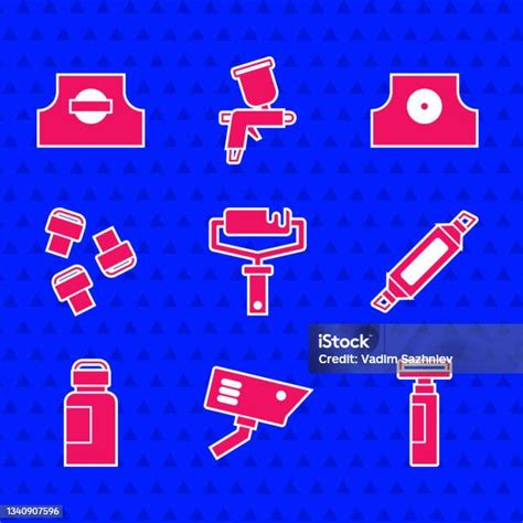 페인트 롤러 브러시 보안 카메라 마커 펜 페인트 구아쉬 항아리 염료 부착물 스프레이는 모자와 아이콘을 노즐 수 있습니다 벡터 교육에 대한 스톡 벡터 아트 및 기타 이미지