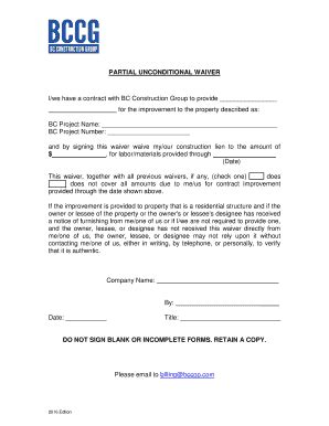 Fillable Online PARTIAL UNCONDITIONAL WAIVER Bcconstructgroupcom Fax