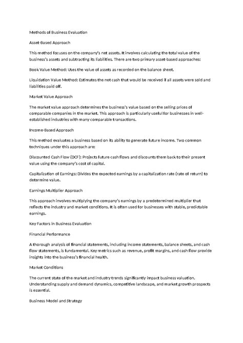Methods Of Business Evaluation Methods Of Business Evaluation Asset