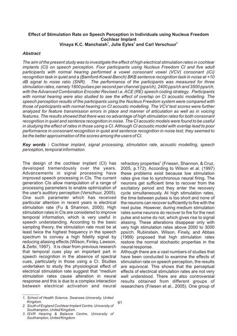 Pdf The Effect Of Stimulation Rate On Speech Perception In Individuals Using Nucleus Freedom