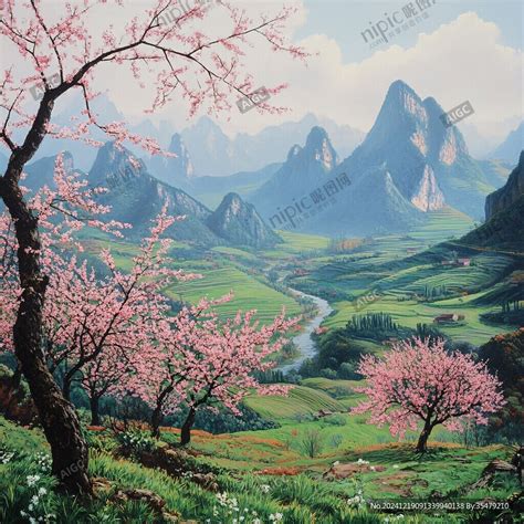 Ai创作图油画桃花园 桃林仙境插画 桃花源记古风山水插画 春天风景油画 油画桃花开 桃花风景画 高清风景画 巨幅山水田园风光 风光人间仙境油画 山水画桃花 无框画桃花节桃花园区 山水画山谷风光