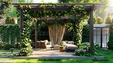 Landscaped Design Of Cozy Home Garden In Summer Wood Arbor Or Pergola