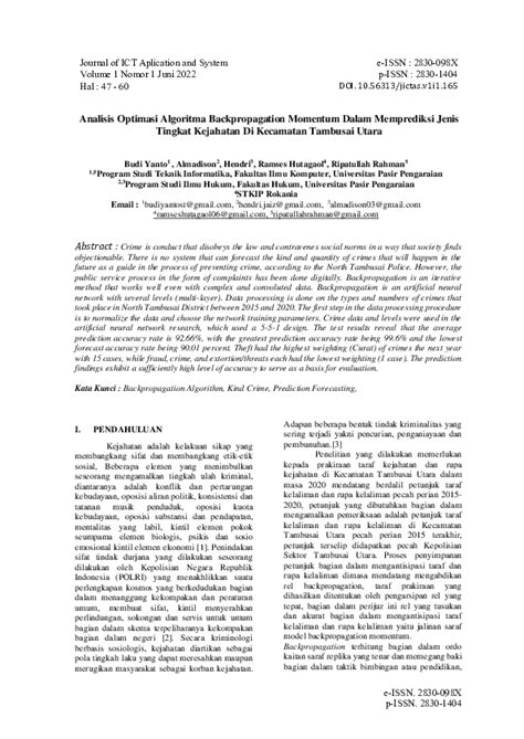 Pdf Analisis Optimasi Algoritma Backpropagation Momentum Dalam Memprediksi Jenis Tingkat