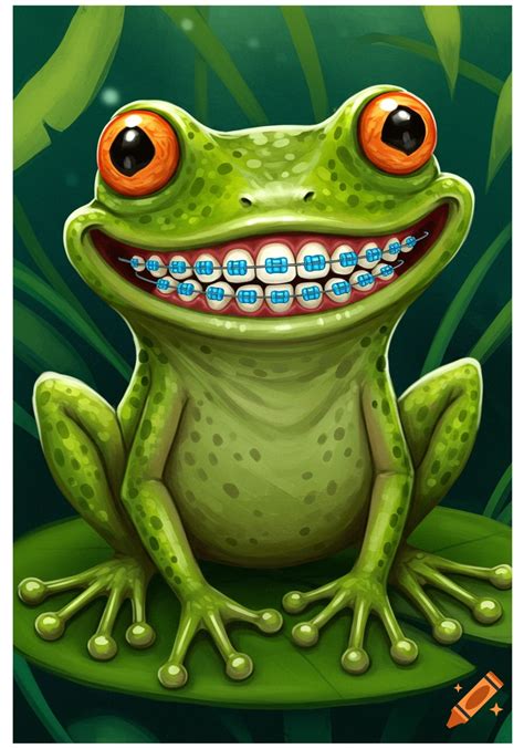 A Smiling Cartoon Frog Wearing Braces Sits On A Green Leaf On Craiyon
