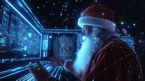 Christmas Santa Claus In New Year Closeup At Artificial Intelligence Console Electronics
