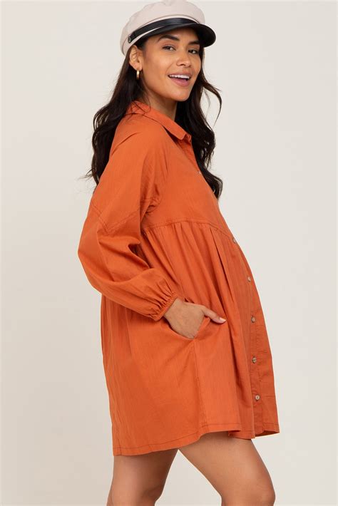 Rust Button Down Maternity Mini Dress Pinkblush