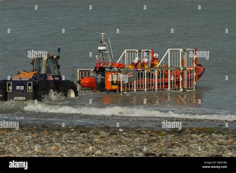 Rnli Lifeboat Inshore Rib Launching Off Criccieth Beach North Wales Uk
