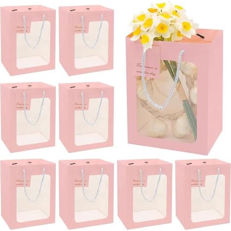 10 Sacs Cadeaux en Papier Kraft avec Fenêtre Rose Sacs de Faveur avec