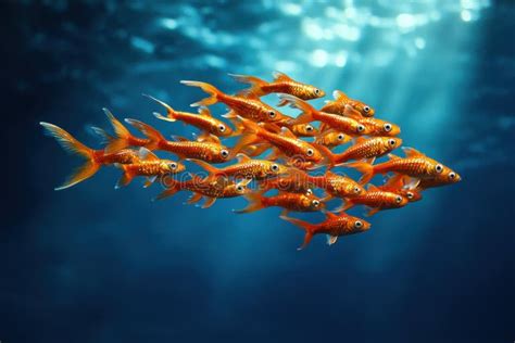 Large Group Of Rosy Barbs Swimming Together In Deep Blue Water Stock