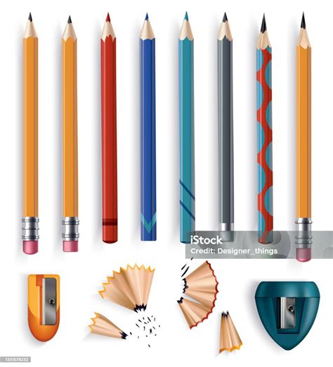 다양한 크기의 고무 지우개 색상 선명한 면도가있는 날카로운 나무 연필 흰색 배경 벡터 그림에서 격리된 항목의 사실적인 집합