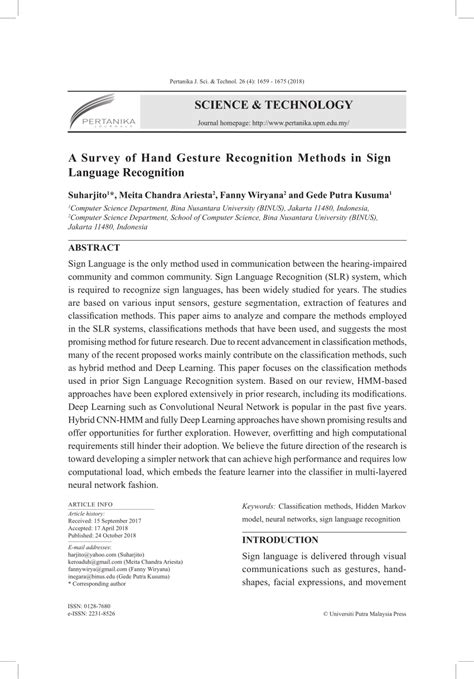 pdf a survey of hand gesture recognition methods in sign language