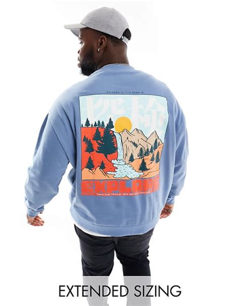 Asos Design Oversize Sweatshirt In Blau Mit Outdoor Print Hinten Asos