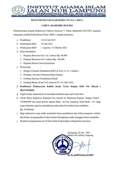 Pengumuman KKN Universitas Islam An Nur Lampung