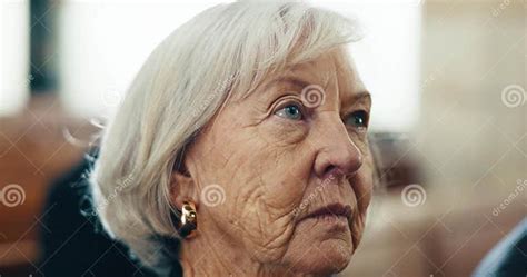 Church Service And Face Of Senior Woman At A Funeral For Final Goodbye