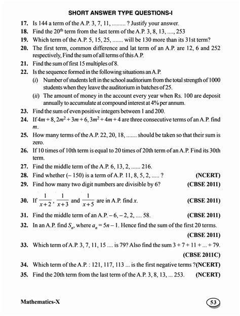 Important Questions For Class 10 Maths Chapter 5 Arithmetic Progression