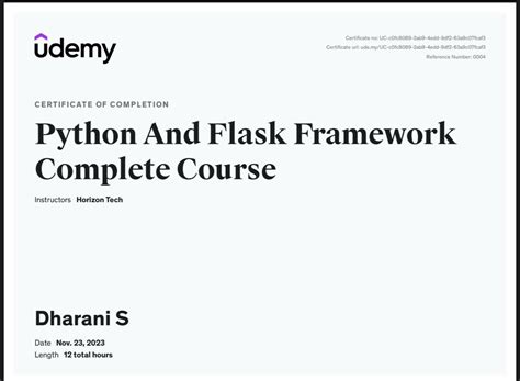 Completed A Course On Python And Flask Framework On Udemy Udemy Python Coding Dharani S