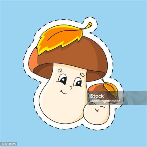 윤곽 버섯 스티커 만화 캐릭터 다채로운 벡터 일러스트레이션 색상 배경에 격리됩니다 디자인용 템플릿입니다 가을 테마 9월에 대한