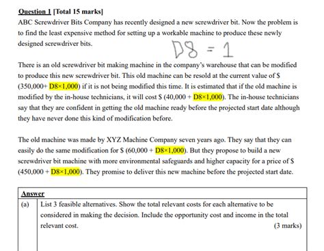 Solved Question 1 Total 15 Marks Abc Screwdriver Bits
