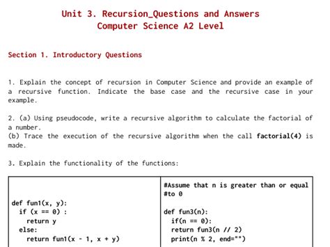 Recursion: Questions & Programs [include Answers] | Teaching Resources