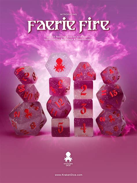 Faerie Fire 14pc Uv Reactive Dice Set For Inked In Red Kraken Dice