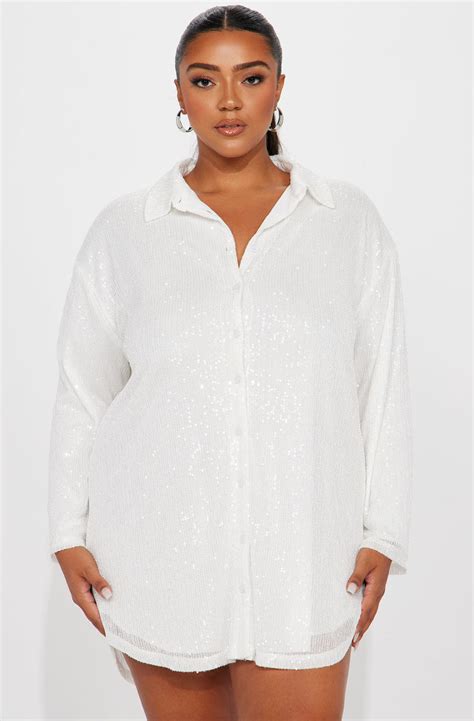 Lumina Sequin Shirt Dress White Fashion Nova