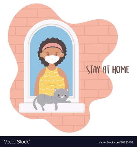Stay At Home Young Woman With Medical Mask And Vector Image
