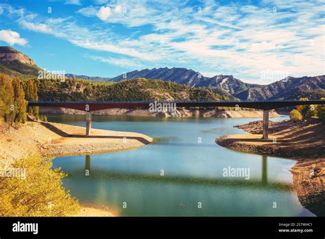 Mountain Landscape Road Bridge Over Mountain River Bridge Of Saint Ermengol Oliana Reservoir