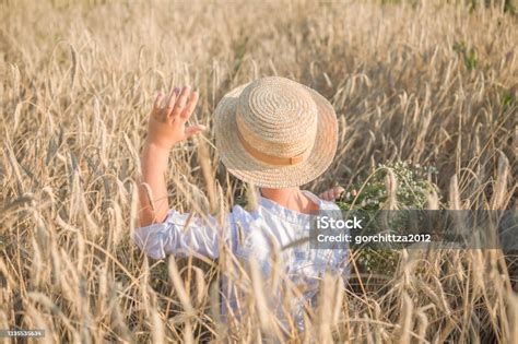 호밀 밭을 걷고 멀리서 지켜보는 손에 데이지가달린 밀짚 모자를 쓴 귀여운 아이 소년의 뒷모습 한 어린이가 시골에서 밖으로 걸어나간다 생활방식 6 7 살에 대한 스톡 사진 및