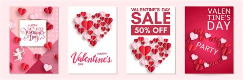 하트와 큐피드 축제 배경과 함께 설정 해피 발렌타인 데이 카드 종이 아트 스타일입니다 발렌타인 세일 포스터 배너 컬렉션 필기